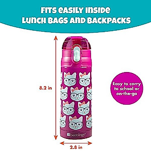 Bentology Stainless Steel 13 oz Kitty Insulated Water Bottle for Girls- Easy to Use for Kids - Reusable Spill Proof BPA-Free, Fits in Most Lunch Boxes & Bags, Use for Summer Camp, Back to School