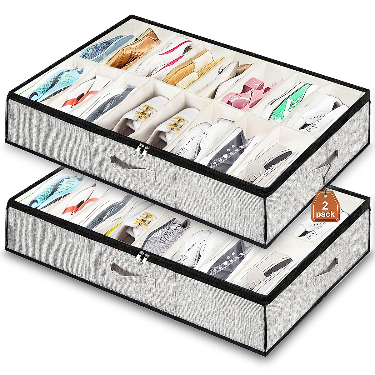 Shoe Storage Organizer Under Bed, 2 Pack Fits 32 Pairs, Extra Large Shoe Container, Breathable Fabric Underbed Storage for Sneakers, Slippers, Closet, Grey