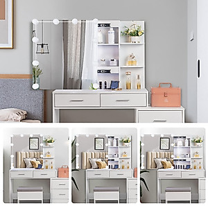 Karl home Lighted Vanity Desk with Sliding Mirror White Makeup Table with 5 Drawers, Storage Shelves, Cushioned Stool, LED Dressing Table Set for Women