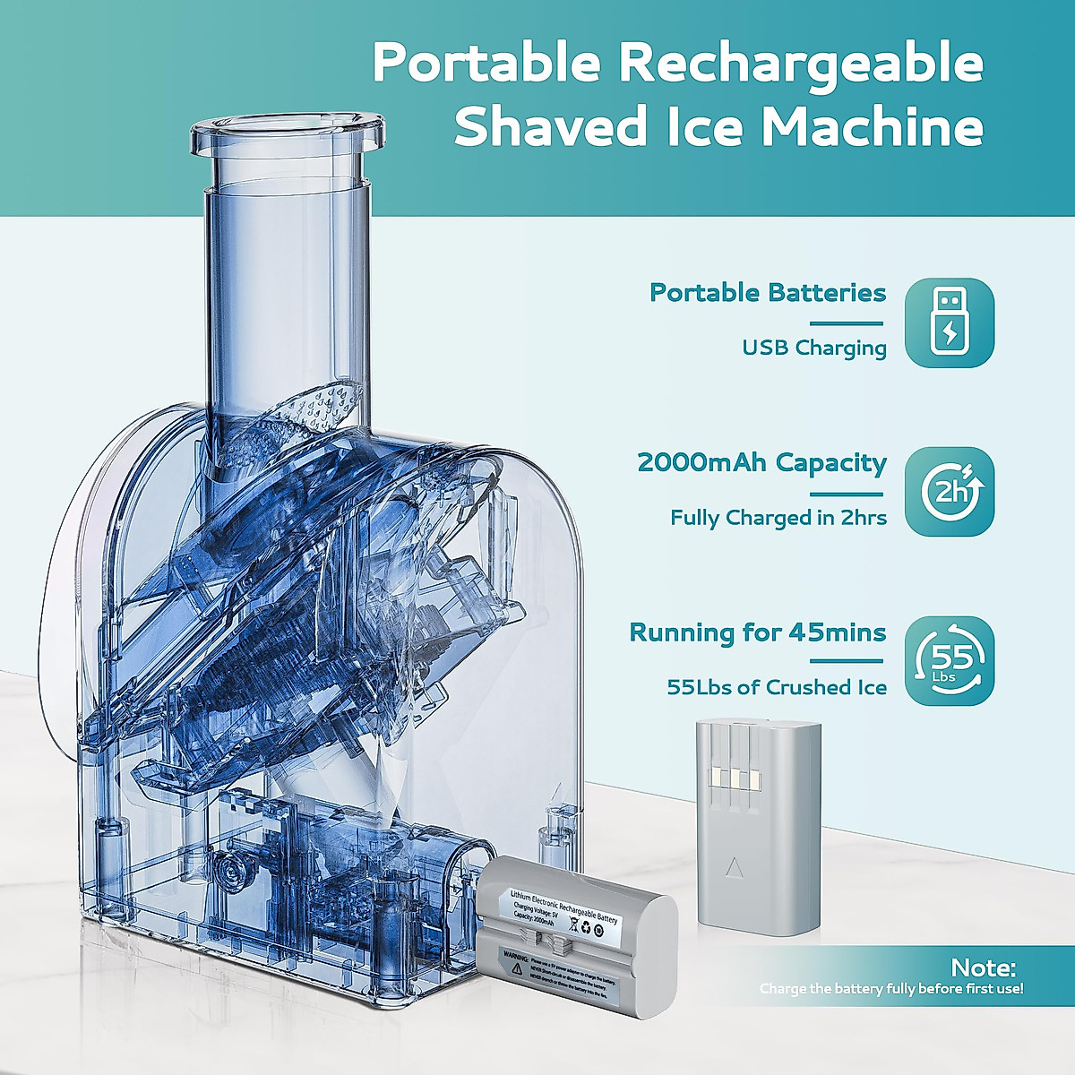 EUHOMY Shaved Ice Machine with Batteries, USB Rechargeable, Crushed Ice in 3s, 45 lbs in 40 Mins, Dual Steel Blades, Easy-to-Clean, Snow Cone Maker with Scraper, for Home/Kitchen/Camping. (White)