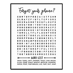 Bathroom Word Search, Forget Your Phone, Word Search Puzzle, Bathroom Wall Art, Bathroom Sign, 8x10 Inch Unframed