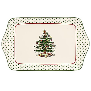 Spode Christmas Tree Collection Dessert Tray, Polka Dot Design, Serving Platter for Dessert and Side Dishes, Measures at 12-Inches, Dishwasher and Microwave Safe