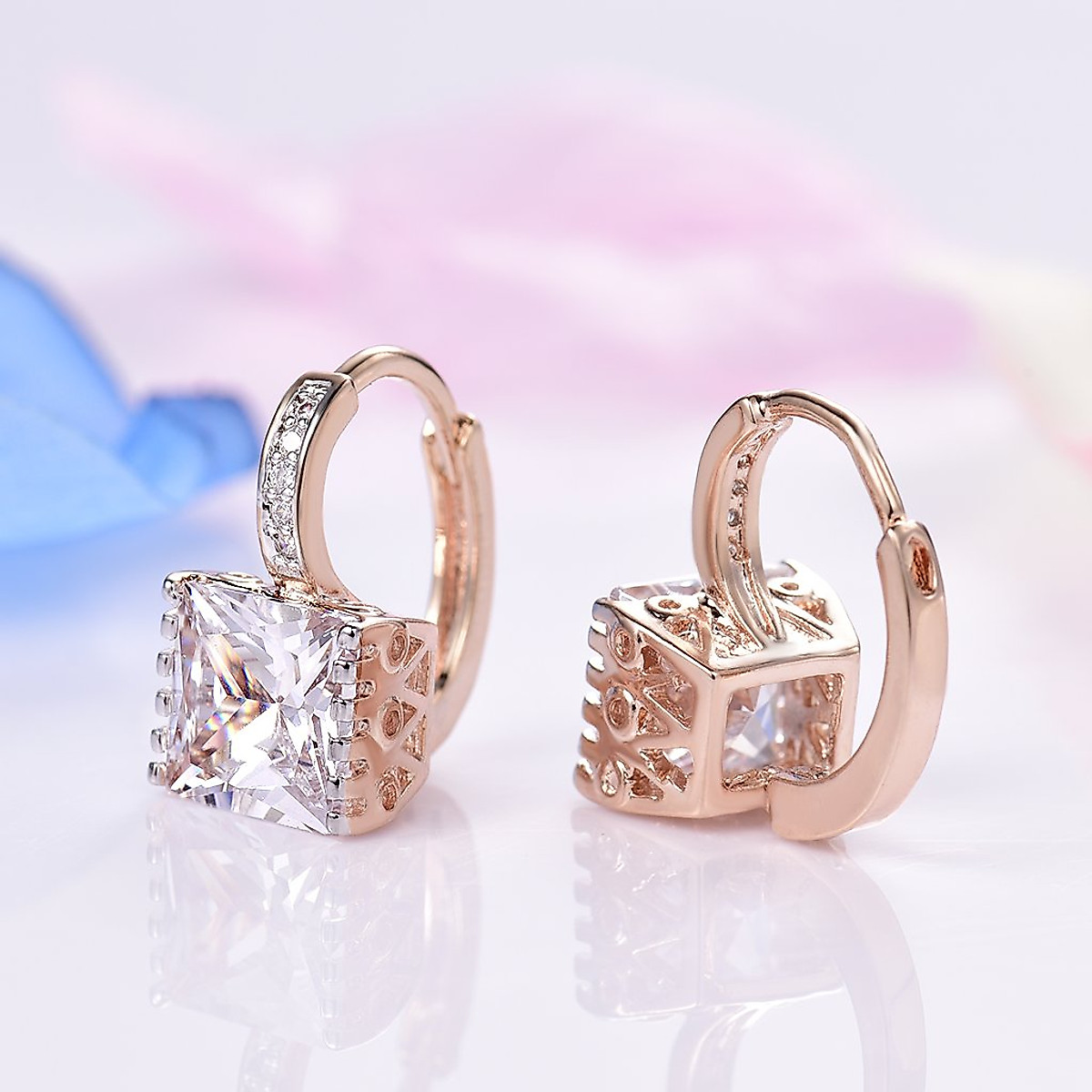 GULICX Gold Tone White CZ Zircon Sparkle Crystal Square Hoop Earrings for Women