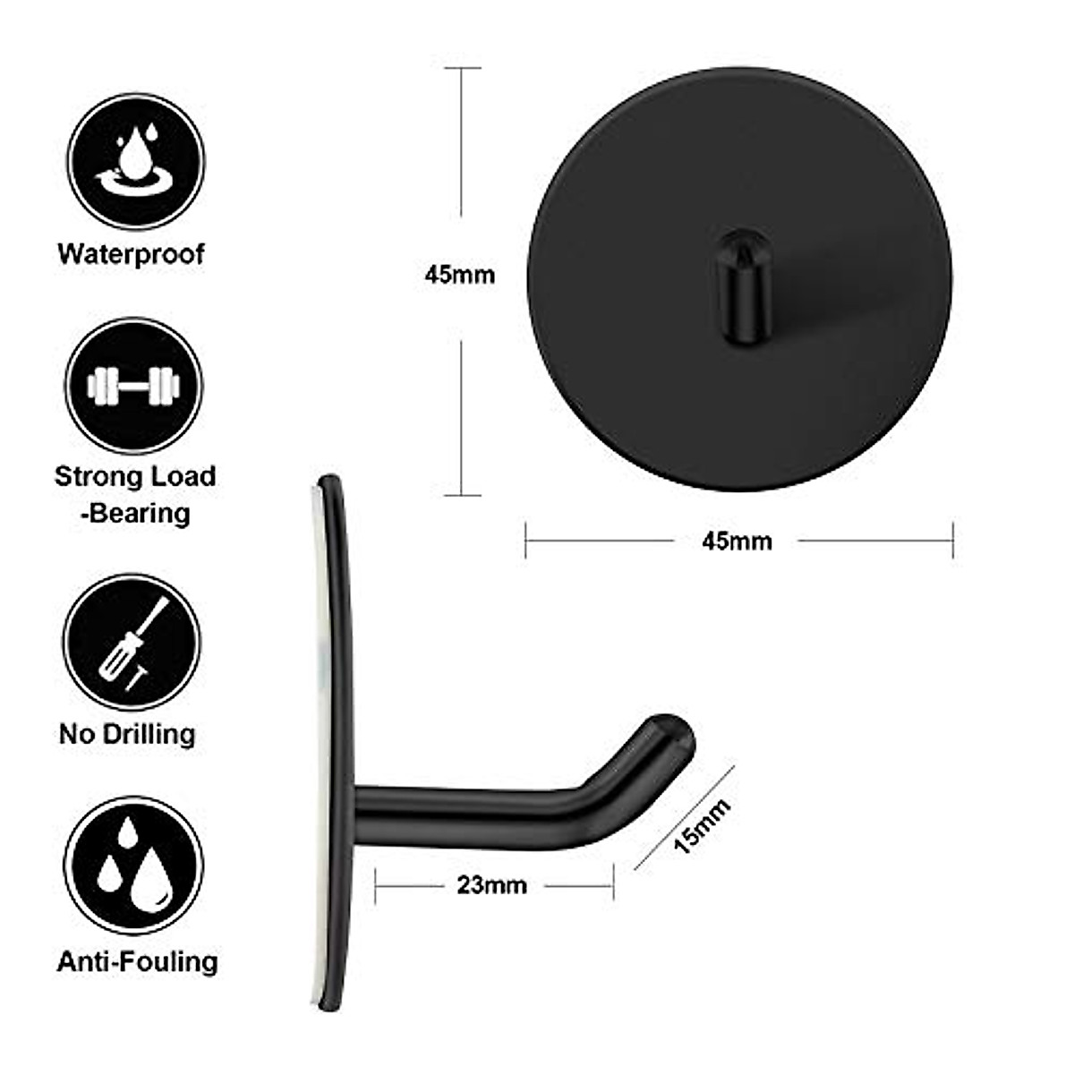 SouLips Adhesive Hooks, Self Adhesive Black Wall Mount Hanger for Key Robe Coat Towel, Super Strong Heavy Duty Stainless Steel Hooks, No Drill No Screw, Waterproof, for Kitchen Bathroom Toilet, 4 Pack