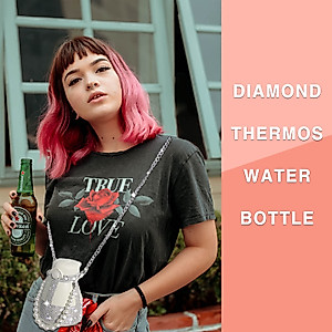 DCXYP Bling Water Bottle, Diamond Stainless Steel Insulated Straw Cup, Leak-proof 17 Oz Vacuum Thermos with 3 Sparkling Chains High-end Gift for Women