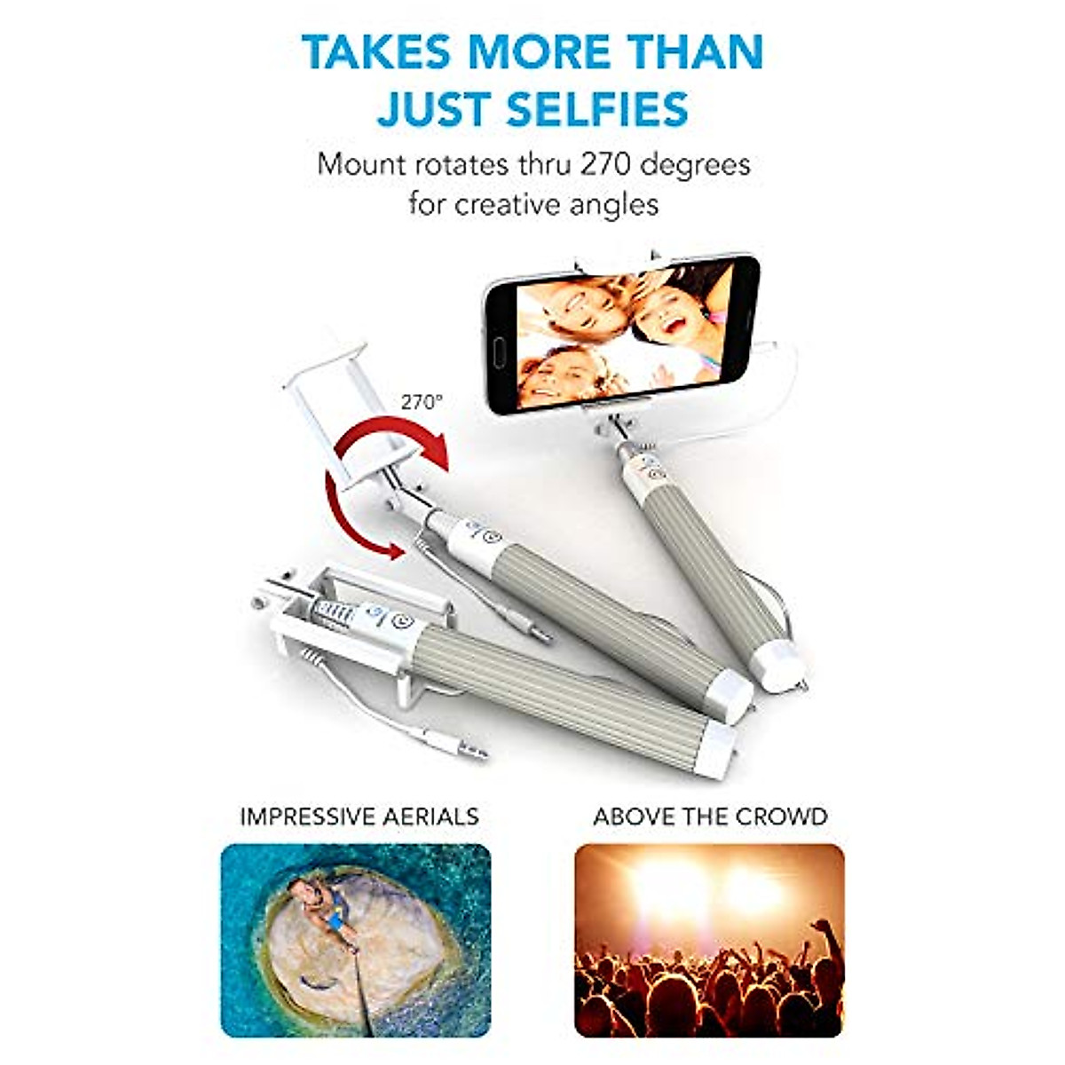 Premium 5-in-1 Wired Selfie Stick for iPhone 11 10 XR XS 9 8 7 6 5, Samsung Galaxy S10 S9 S8 S7 S6 S5 - Takes Selfies in Seconds, Get Perfect HD Photos - No Apps, No Downloads, No Batteries Required