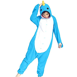 dressfan Animal Narwhal Onesie Pajamas Hooded Halloween Cosplay Costume Christmas Pajamas for Family Adult Women Blue