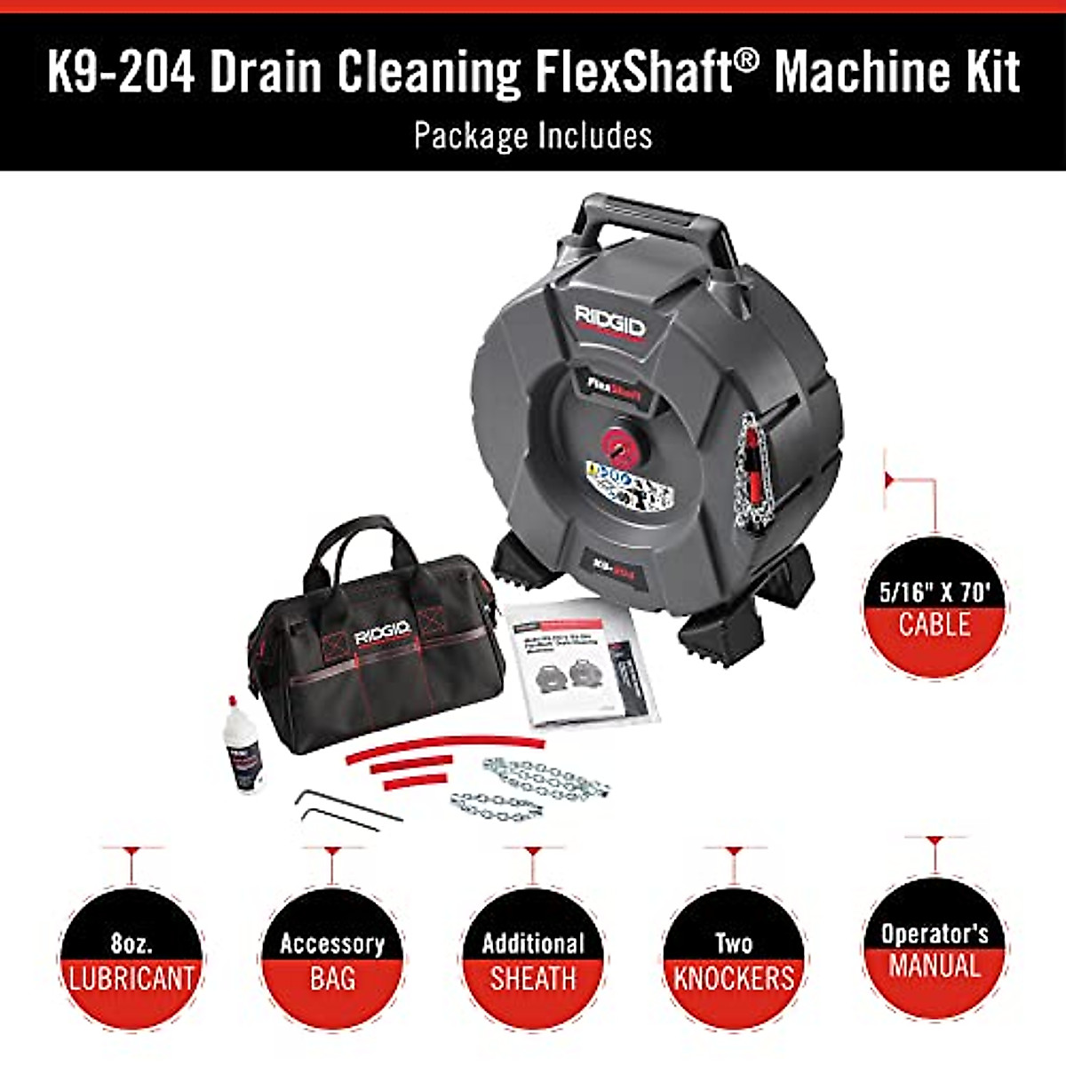 RIDGID 64273 Model K9-204 FlexShaft Drain Cleaning Machine Kit for 2"-4" Pipes