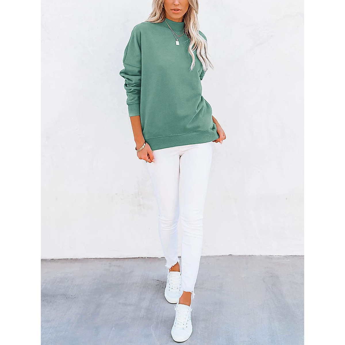 Minclouse Women's Casual Long sleeves Sweatshirt Tops Basic Loose Fit Mock Turtleneck Lightweight Tunic Pullover With Pocket (Mint,Large,Adult,Female,US,Alpha,Large,Regular,Regular)