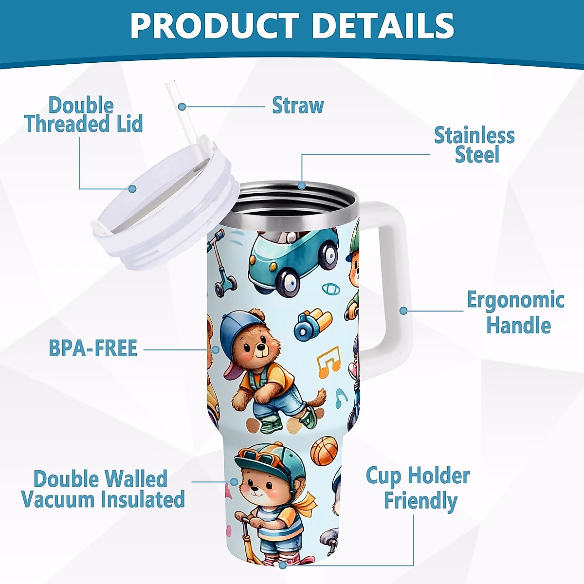 40 oz Cartoon Character Insulated Tumbler with Handle, Stainless Steel Vacuum Water Bottles with Lid and Straw for Water, Iced Tea or Coffee