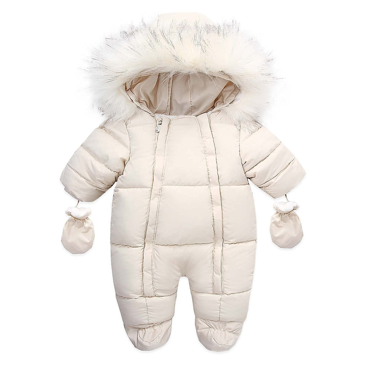 Tengoait Infants Girls Spring Fleece Pram Snow Suits Baby Boy Christmas Hooded Wearing Coat Unisex Baby Cartoon Mittens Onesie Winter Outwear Footie Beige for 12-18 Months M(10)