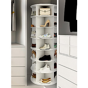 Toemics 7 Tier Rotating Shoe Rack Tower, 360° Spinning Display Lazy Susan Organizer, Holds 35 Pairs, Carousel for Shoes & Handbags, Easy Assembly, Includes 4 PCS Double-Layer Shoe Racks, White