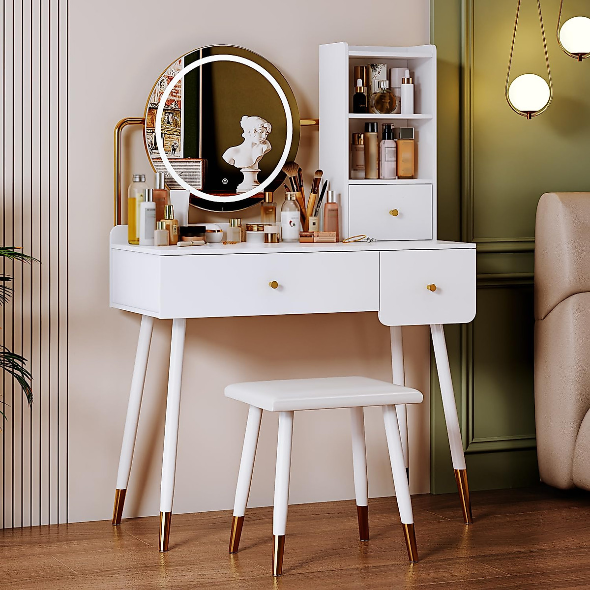 Milky White,Make Vanity Set with Touch Screen Dimming Mirror, 3 Color Lighting Modes, Dressing Table with 3 Sliding Drawers, Modern Bedroom Makeup Table and Cushioned Stool Set for Women Girls