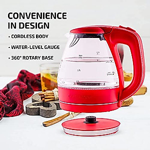 OVENTE Glass Electric Kettle Hot Water Boiler 1.5 Liter Borosilicate Glass Fast Boiling Countertop Heater - BPA Free Auto Shut Off Instant Water Heater Kettle for Coffee & Tea Maker - Red KG83R