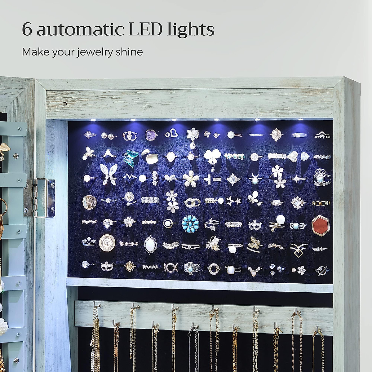 SONGMICS 6 LEDs Mirror Jewelry Cabinet, 47.2-Inch Tall Lockable Wall or Door Mounted Jewelry Armoire Organizer with Mirror, 2 Drawers, 3.9 x 14.6 x 47.2 Inches, Rustic Green UJJC93UJ