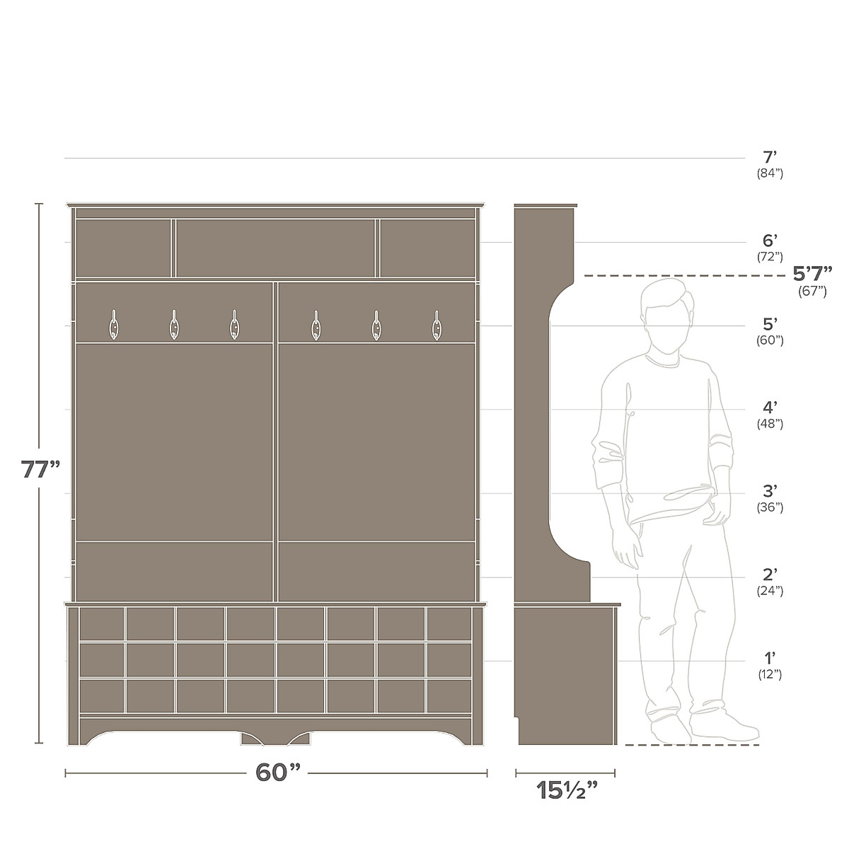 Prepac Drifted Gray Hall Tree with Bench and Shoe Storage, 60"W x 77"H x 15.5"D - 24 Shoe Cubby, Mudroom Bench with Storage and Hooks