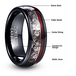 Vakki Black Tungsten Carbide Promise Ring with Celtic Spiral and Red Guitar String Inlay 8mm Domed Black Tungsten Wedding Band Size 11.5