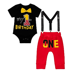 LENSOUS Baby Boys First Birthday Cake Smash Outfits Bowtie One Year Old Romper Pants Set（Red,18-24 Months）
