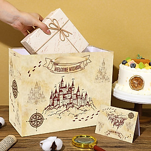 Magical Wizard Gift Bags Wizard School Party Favors Bag with Tissue Paper and Card Welcome Wizard Castle Goodie Kraft Bags Wrapping Paper for Kids Boy Girl Birthday Christmas Wizard Party Decorations