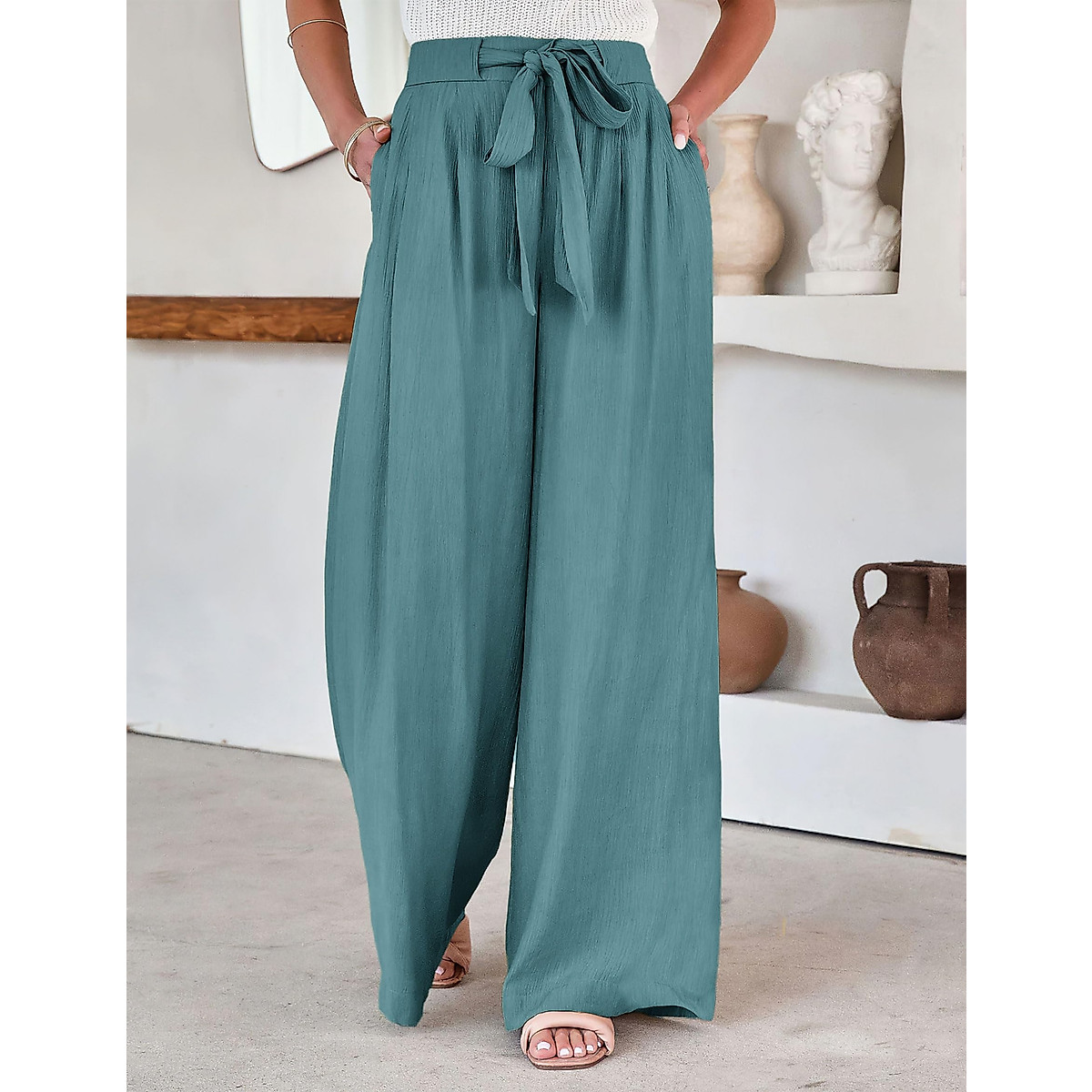 MUSIDORA Wide Leg Pants for Women High Waisted Drawstring Linen Travel Beach Pants Loose Flowy Slacks Trousers Stretchy Petite (Peacock Blue L)