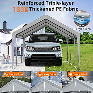 ACONEE Carport 10×20 FT Portable Garage, Heavy Duty Car Port Canopy with Roll-up Doors & Ventilated Windows, Galvanized Steel Frame, Boat Shelter Tent Waterproof All-Season Tarp for Pickup Truck, Grey