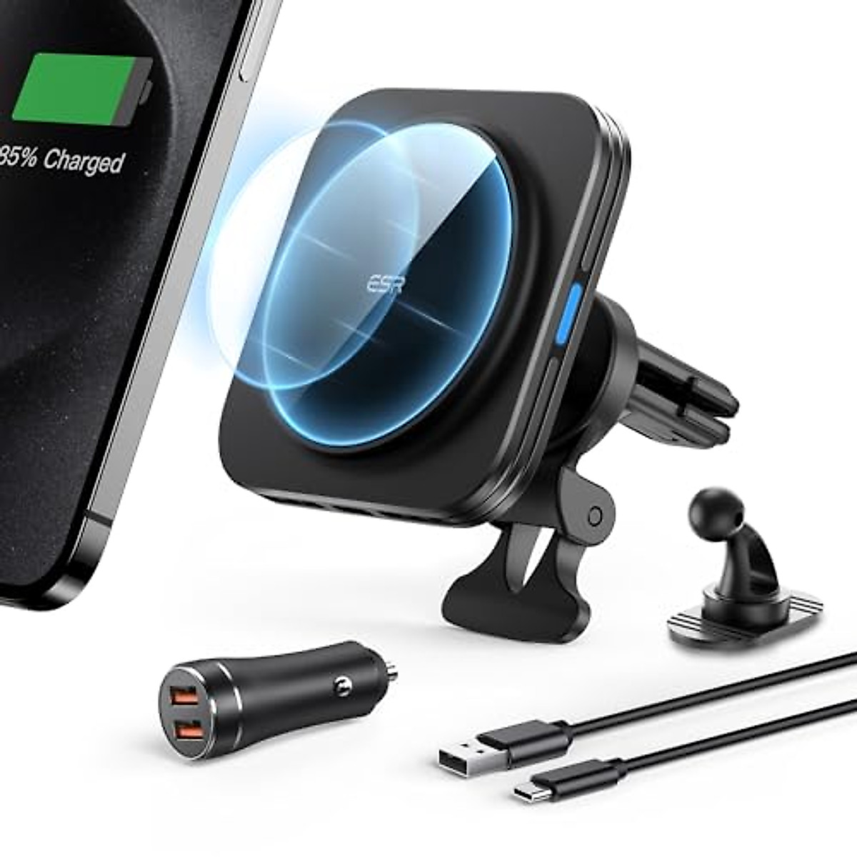 ESR for MagSafe Car Mount Charger, 15W Magnetic Wireless Car Charger, for MagSafe Car Charger, Air Vent Phone Holder for iPhone 16/15/14/13/12, Galaxy S25/S25 Ultra, with 36W QC 3.0 Fast Car Charger