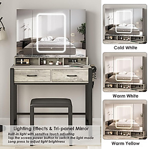 Fameill Vanity Desk with Lighted Mirror and Power Strip,Tri-Fold Mirror Makeup Vanity Table with Lights,2 Drawers Vanity Set with Hidden Storage Shelves,3 Color Lighting Modes,35.4in(L)