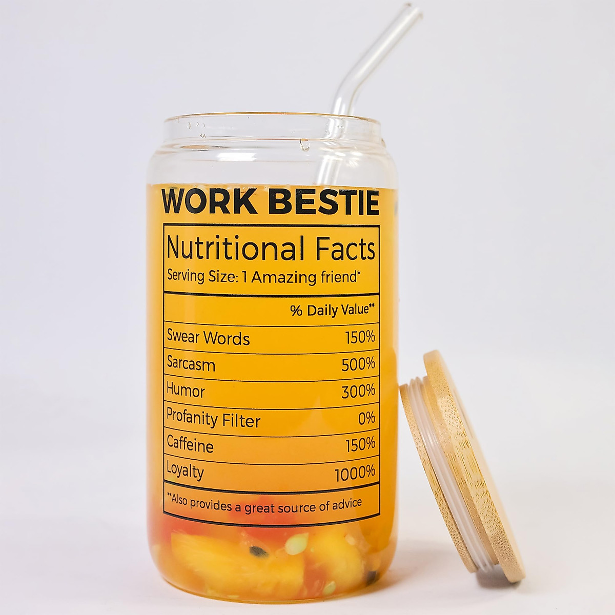 Work Bestie Nutritional Facts Glass Can with Lids And Straw- Work Bestie Definition Friendship, Funny Gift for Friend, Colleagues, Thank You Gift For Coworkers, Birthday Christmas Gifts, Iced Cup 16oz