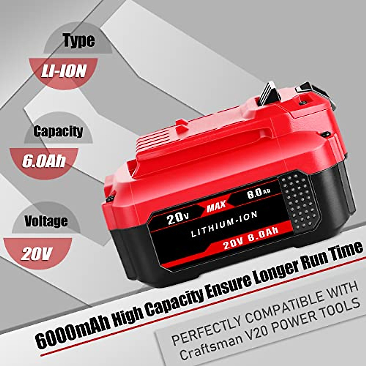Jialipok 20V 6.0Ah CMCB205 Replacement Battery for Craftsman 20V Max Lithium Ion Battery CMCB204 CMCB204-2 CMCB202-2 CMCB201 CMCB206 CMCS500B CMCD700C Fast Charger CMCB104 Craftsman V20 Battery