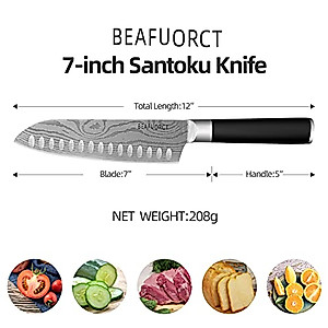 BEAFUORCT Japenses Chef Knife, 7inch Chefs Knife, Stainless Steel Kitchen Knives, High Carbon Chopping Knife, Sharp Santofu Knife with Finger Protector & Gift Box For Kitchen