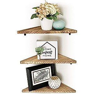 Beecora Corner Wall Shelf- Home Decor [3PC Set] w/Bonus Level Rustic Real Wood Farmhouse Shelves for Bedroom Wall Mounted Living Room Bathroom Organizer Kitchen Office Floating Shelf