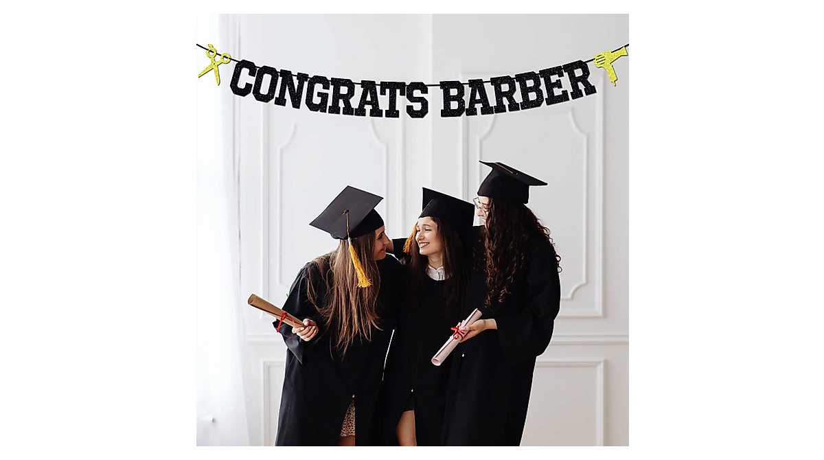Celebrate Barber Graduation with Black Glitter 'Congrats Barber' Banner