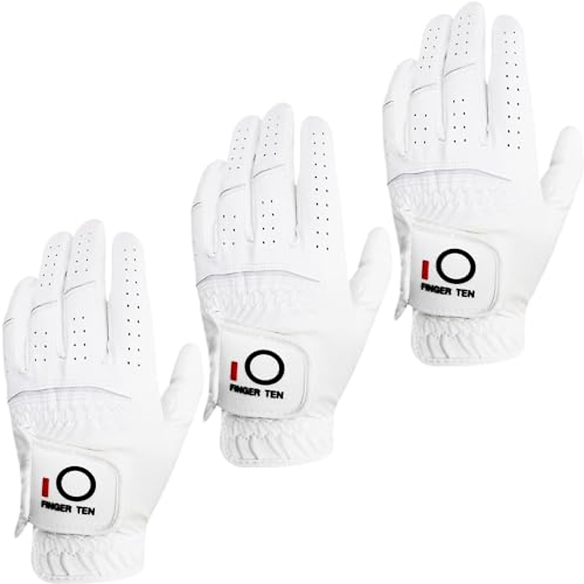 FINGER TEN Golf Gloves Men Left Right Hand Rain Grip Value 3 Pack, All Weather Durable Grip Size Small Medium Large XL White Black Blue Red Brown (White, X-Large, Left)