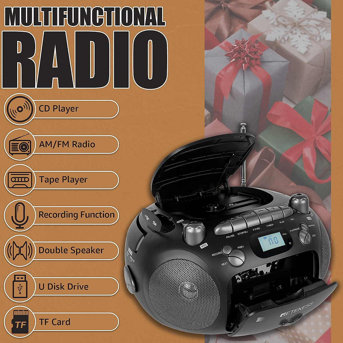 Retekess TR630 CD and Cassette Player Combo, Portable Boombox AM FM Radio, Bass Boost Speakers, Recording Transcription, USB, Micro SD, LCD Display for Family