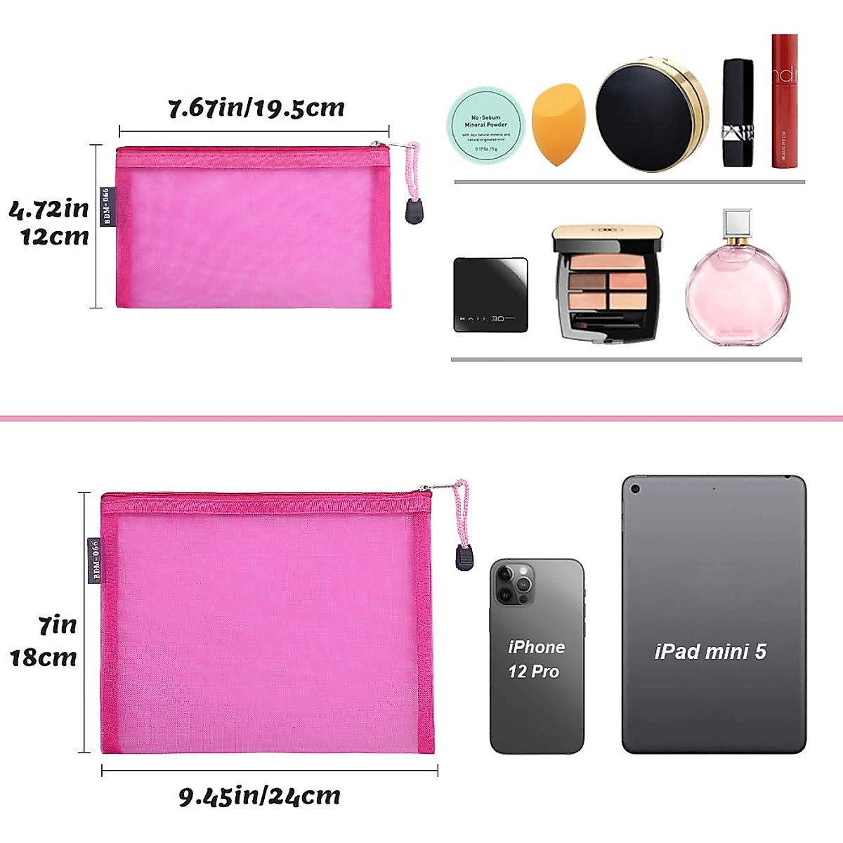 besharppin 6 Pack Mesh Cosmetic Bags, Nylon Makeup Pouches with Zipper for Home Office Purse Diaper Bag (Rose)