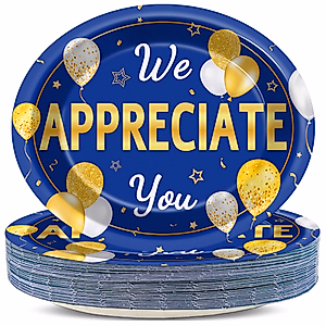50 Pcs We Appreciate You Party Plates Thank You Plates CNA Appreciation Week Supplies Large 11 Inch Employee Appreciation Party Oval Paper Plate Platter for Teacher Doctor Nurse Staff, Blue Gold