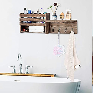 Lovewud Rustic Wood Show Caddy with 4 Hook, Bathroom Shower Shelf Storage Rack, Wall Mount Bathroom Organizer for Toilet, Dorm, kitchen
