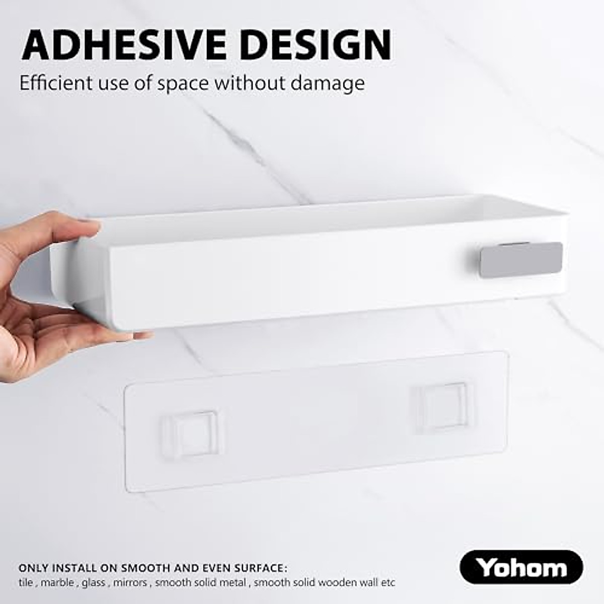 YOHOM White Adhesive Bathroom Caddy Organizer for Tile Wall Mounted Stick on Shower Caddy Floating Shelf Plastic Shampoo Holder with Hook