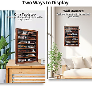 ASmileIndeep Pocket Knife Display Case 7 Rows Lockable Wooden Knife Shadow Box with HD Tempered Glass, Military Folding Knife Cabinet Stand for Wall with Removable Shelves, Walnut