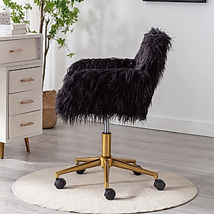 KCC Fluffy Office Desk Chair, Faux Fur Modern Swivel Armchair with Wheels, Soft Comfy Fuzzy Elegant Accent Makeup Vanity Chairs for Women Girls, Home Living Dressing Room Bedroom, Black