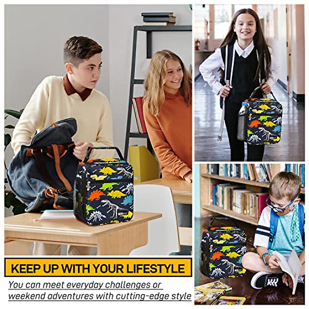 Buringer HOMESPON Reusable Lunch Bag Insulated Lunch Box Bento Cooler Tote with Front Pocket For Office/Outdoor (Color dinosaurs)