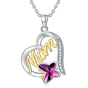 Natural Diamond Mom Heart Necklace for Women,925 Sterling Silver Butterfly Crystal Pendant Necklaces Birthday Gifts for Mom Wife 18"-20’’