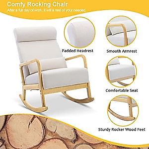HOMREST Glider Chair with Ottoman,High Backrest for Nursery, Upholstered Fabric Indoor Rocking Armchair with Lumbar Pillow for Living Baby Room(White)