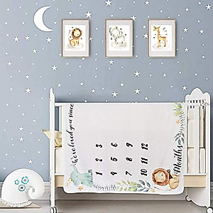 Yoothy Safari Baby Monthly Milestone Blanket for Boy and Girl, Gift for Baby Shower, Baby Photo Blanket for Pictures, Wreath &12 Stickers Included, Soft Flannel Blanket, Elephant, Lion 40''x 40''