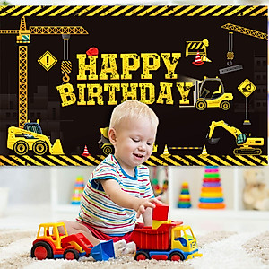 Tatuo Construction Happy Birthday Backdrop Banner Construction Party Supplies Dump Truck Party Decoration for Kids Boys Construction Birthday Party Favors