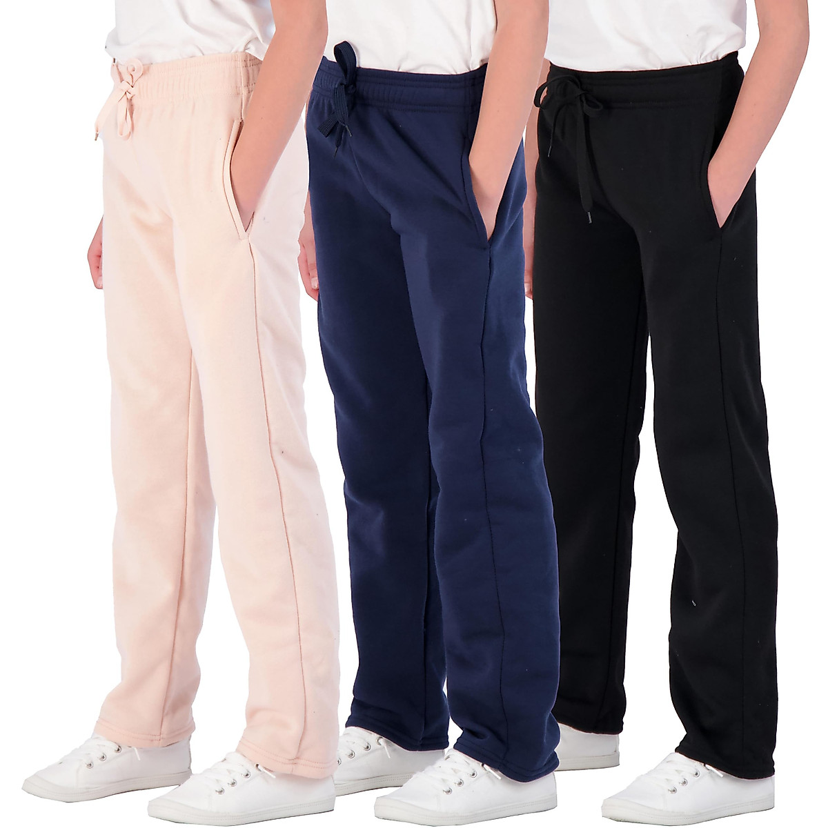 Real Essentials Girl's Fleece Sweatpants | Soft Athletic Joggers with Pockets for Teens & Kids | Casual Lounge & Sports - Set 8, X-Large (Pack of 3)