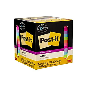 Post-it Super Sticky Notes, 3x3 in, 15 Sticky Note Pads, 2x the Sticky Power, Bright Colors, Post-it Notes, Super Sticky Note Pads, Stick Notes, Sticky Pad, Colorful Sticky Notes Pack (654-15SSCP)