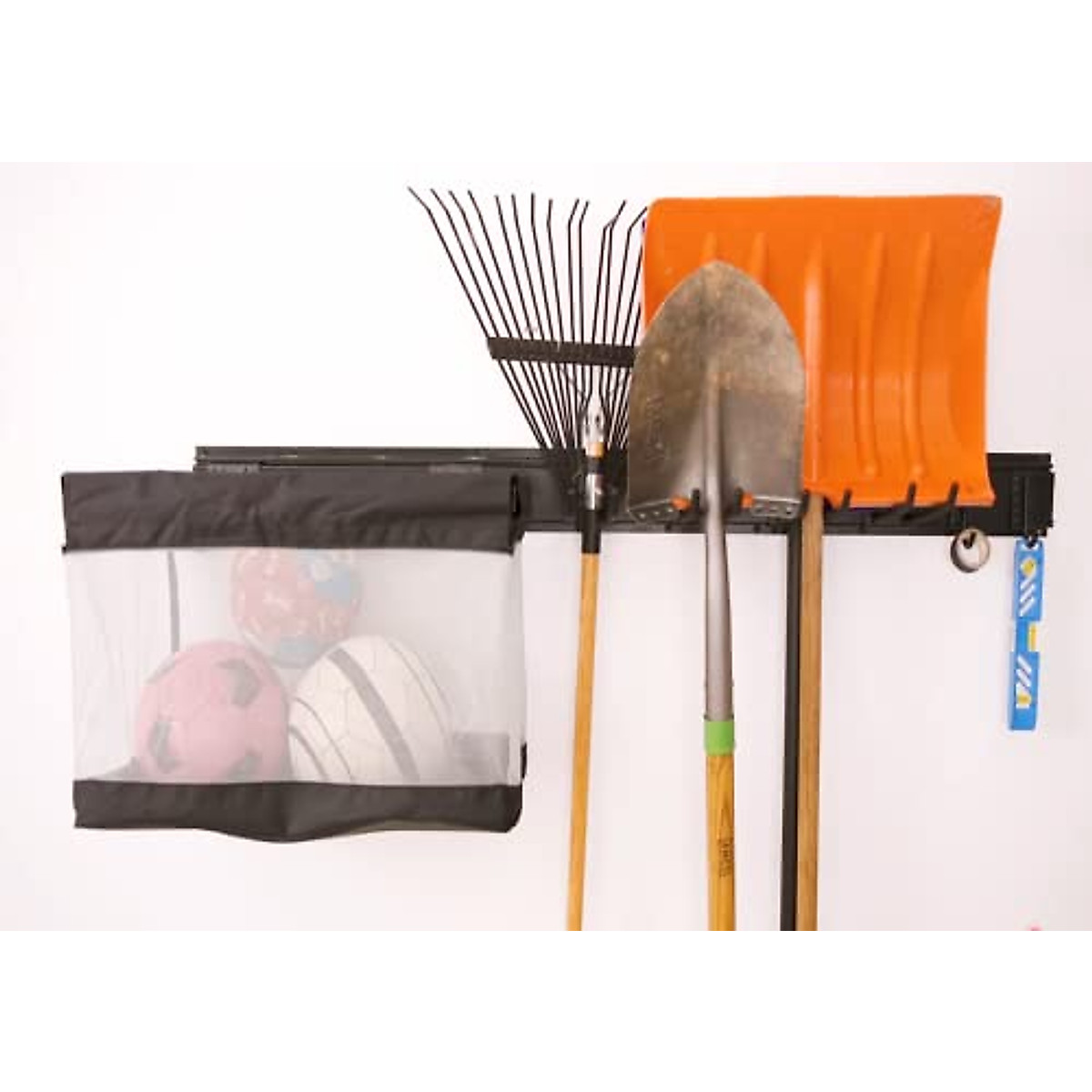 SMARTOLOGY Tool Storage Rack 6 Assorted Hooks Large Mesh Basket Sports Gear, Utilities, Wall Mount Garage Storage Organizer Lawn Gear, Heavy-Duty Gardening Power Tool Rack, Black Wall Rack Combo