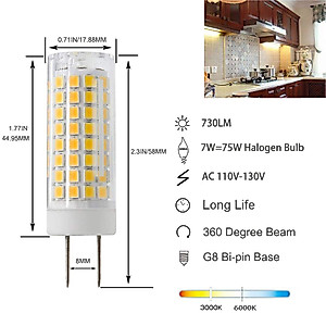 G MGY OLED LED GY8.6 Bulb, 7W T4 G8 LED Bulb, 75W Halogen Bulb Replacement, GY8.6 Bi-pin Base Light Bulb, AC120V, for Under Counter Kitchen Lighting, Light Fitting, 2-Pack (Warm White)
