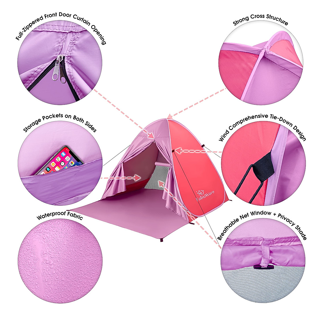 Fabuware Pop Up Beach Tent – UPF 50+ UV Sun Protection Beach Shade Beach Tent Pop Up for Kids & Adults - Sun Shelter with Carry Bag and Tent Stakes for Beach, Park, Camping (Coral Pink)